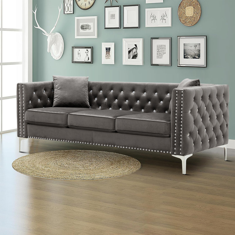 Katianne Velvet Sofa Rosdorf Park Fabric Gray Velvet